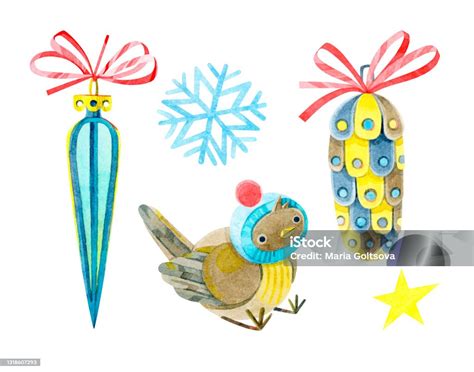 크리스마스 트리 장난감 세트 니트 모자에 귀여운 참새 푸른 눈송이 유리 전나무 콘 활과 고치 흰색에 격리 된 수채화 손으로 그린 그림 엽서 스티커 수채화에 대한 스톡 벡터