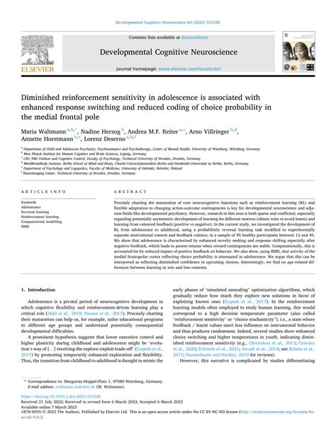 Pdf Diminished Reinforcement Sensitivity In Adolescence Is Associated