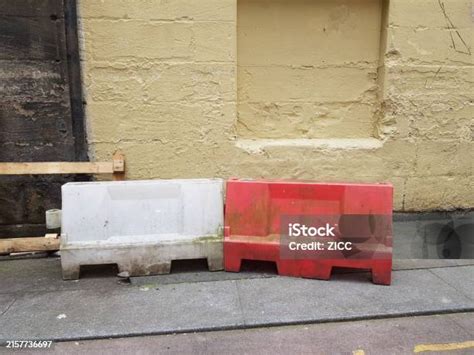 Plastic Traffic Construction Safety Barriers Or Separators At A Pavement Glasgow Scotland
