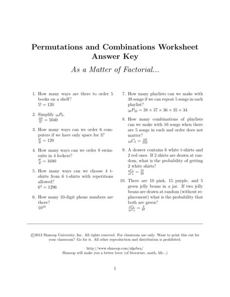 Permutations And Combinations Worksheet Answers Db Excel
