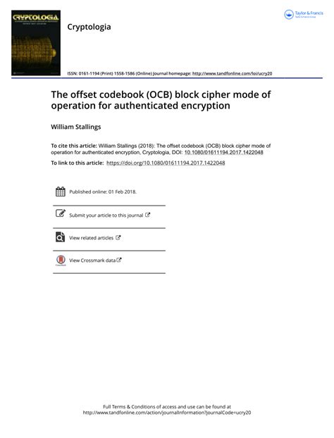 Pdf The Offset Codebook Ocb Block Cipher Mode Of Operation For