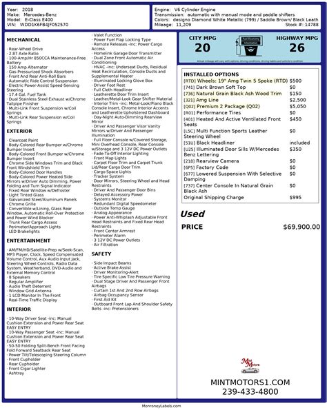 Window Sticker For 2018 Mercedes Benz E Class E400