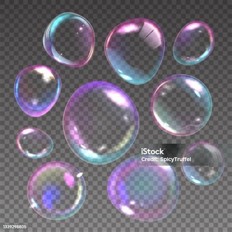 거품 거품 무지개 반사와 현실적인 비행 비누 공 3d 샴푸 투명 유리 구체 거품 요소 세탁 및 샤워 서클 세트 벡터 무지개 빛깔둥근 모양 무지갯빛 다양한 색상에 대한 스톡