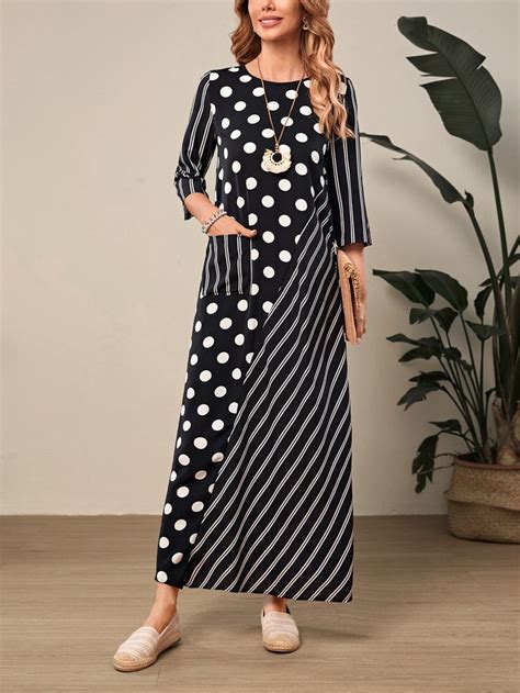 Striped And Polka Dot Print Pocket Patched Dress Patch Dress Dress