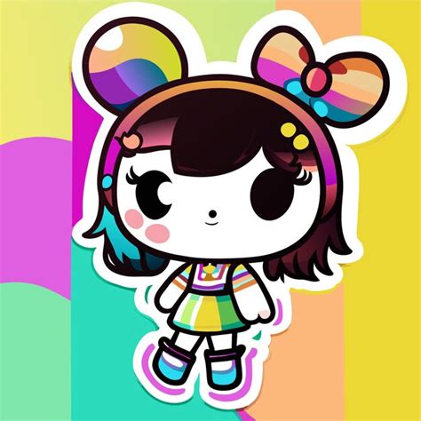 Premium Vector Cheerful Happy Cute Girl Waving Raised Hand Chibi Rainbow Cartoon Sticker