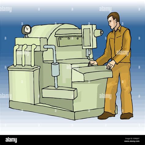 Illustration Of A Machinist Operate A Large Industrial Machine With