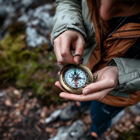 Premium Photo Woman Hiker Holding Compass In Forest