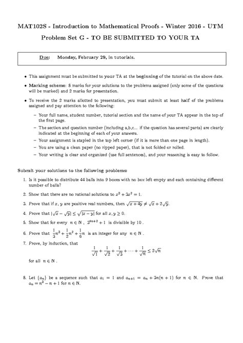 Problem Set G Mat102s Introduction To Mathematical Proofs Winter 2016 Utm Problem Set G