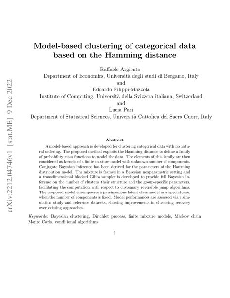 pdf model based clustering of categorical data based on the hamming