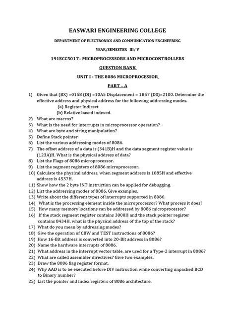 8086 Microprocessor Question Bank Pdf Microcontroller Central Processing Unit