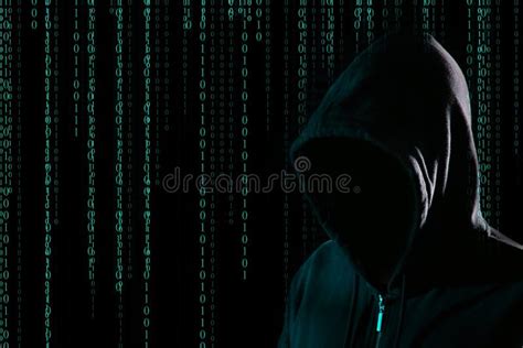 hacker and digital binary code on background cyber crime concept stock