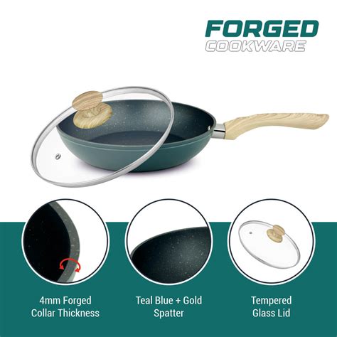 Ucook Nonstick Frypan 12l Glass Lid Teal Blue Gold