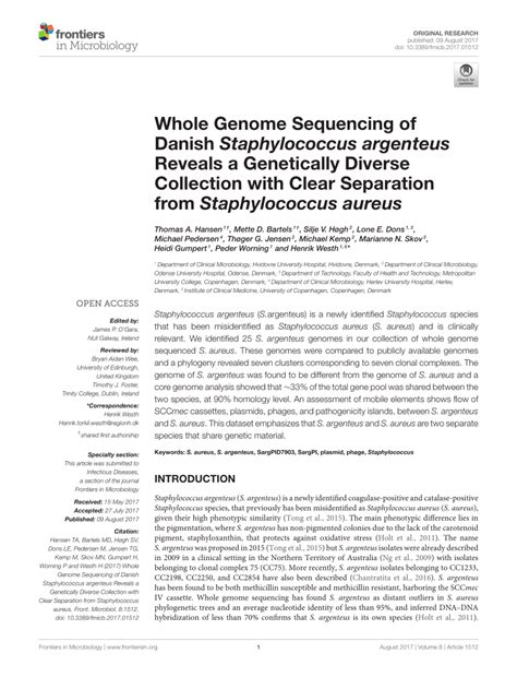 Pdf Whole Genome Sequencing Of Danish Staphylococcus Argenteus Reveals A Genetically Diverse
