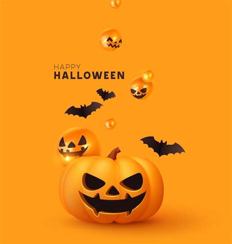 해피 할로윈 현실적인 3d 주황색 호박과 무서운 미소 날아다니는 박쥐가 있는 축제 배경 휴일 포스터 전단지 브로셔 및
