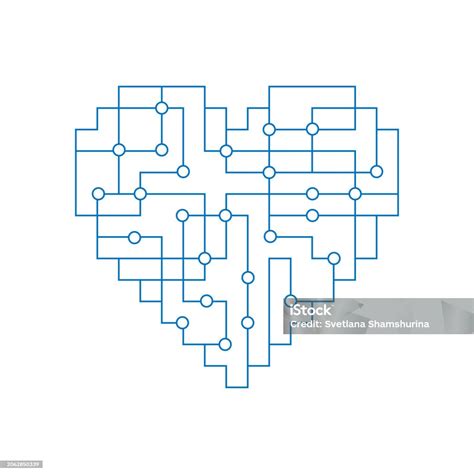 사랑 기술 은유에 대한 하트 모양이 있는 선형 회로 기판 벡터 로고 그림입니다 머더보드에 대한 스톡 벡터 아트 및 기타 이미지 머더보드 외형선 Cpu Istock