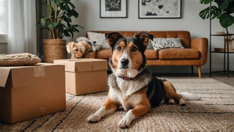 Premium Photo Pets Dog Moving To New Home Stack Of Cardboard Boxes