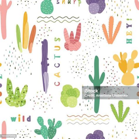선인장과 매끄러운 패턴 귀여운 색선인 단어와 선인장 손 도면 종이 포스터 섬유 인사말 카드 디자인에 적합합니다 개체 그룹에 대한 스톡 벡터 아트 및 기타 이미지 Istock