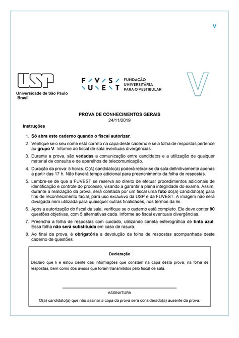 Fuvest Primeira Fase Prova V V Universidade De So Paulo Brasil