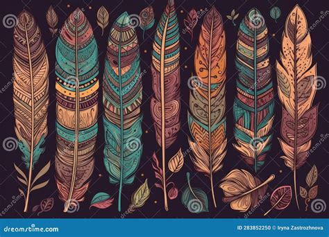 Illustration Of A Collection Of Bird Feathers With Different Ornaments Stock Illustration