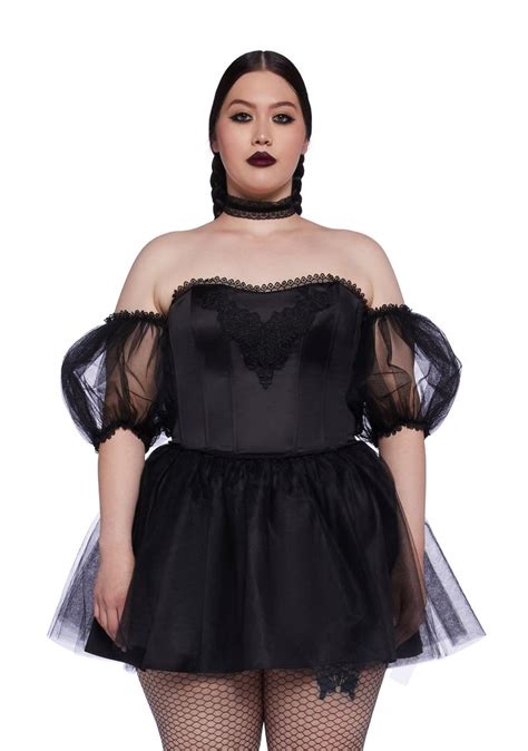Plus Size Widow Goth Satin Mesh Puff Sleeve Corset Mini Dress Black Mini Black Dress Corset