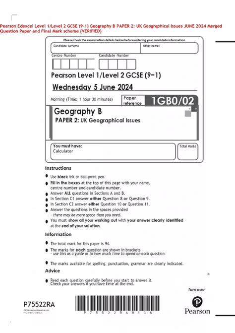 Pearson Edexcel Level 1 Level 2 Gcse 9 1 Geography B Paper 2 Uk Geographical Issues June 2024