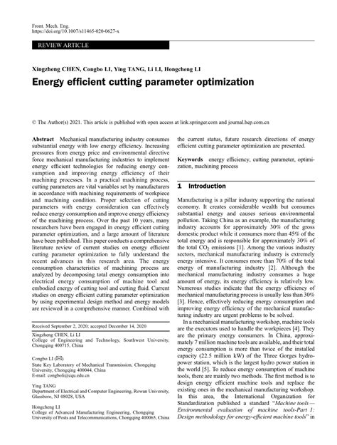 Pdf Energy Efficient Cutting Parameter Optimization