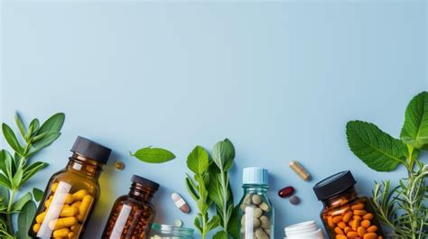 Premium Photo Herbal Supplements And Bottles On Blue Background