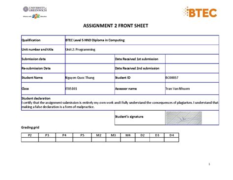Programming Assignment 2 Nguyen Quoc Thang Assignment 2 Front Sheet
