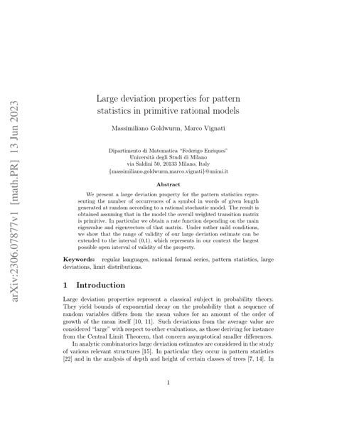 Pdf Large Deviation Properties For Pattern Statistics In Primitive