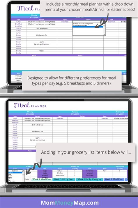 Meal Planner Excel Spreadsheet With Automated Grocery List Purple An