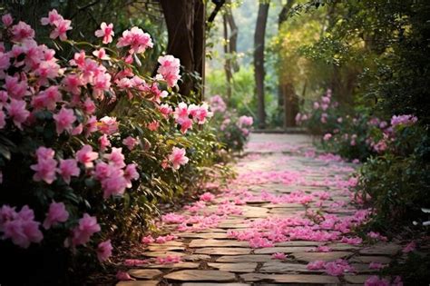 Premium Ai Image Pink Flowers On A Path In The Forest