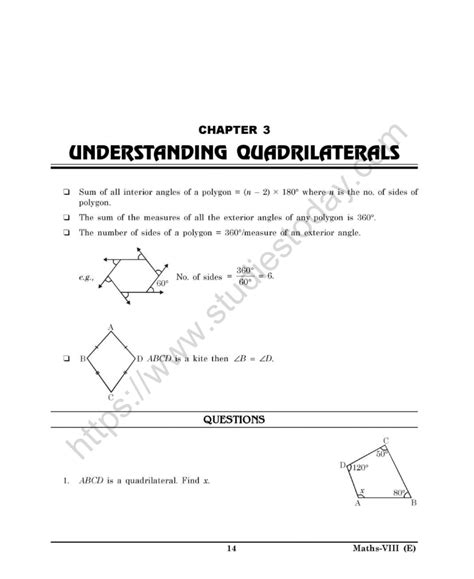 Cbse Class 8 Mental Maths Understanding Quadrilaterals Worksheet