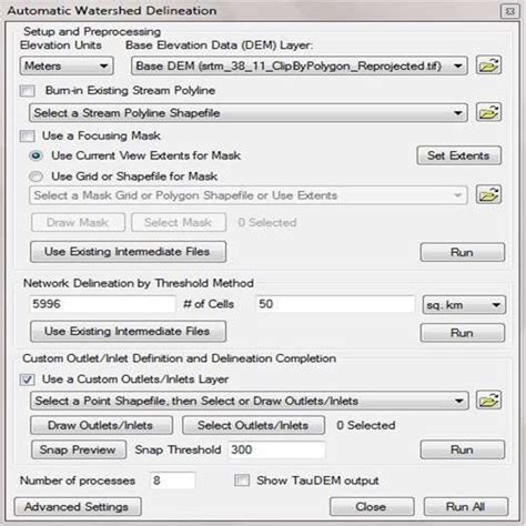 land interface of mapwindow gis automatic watershed delineation plug in