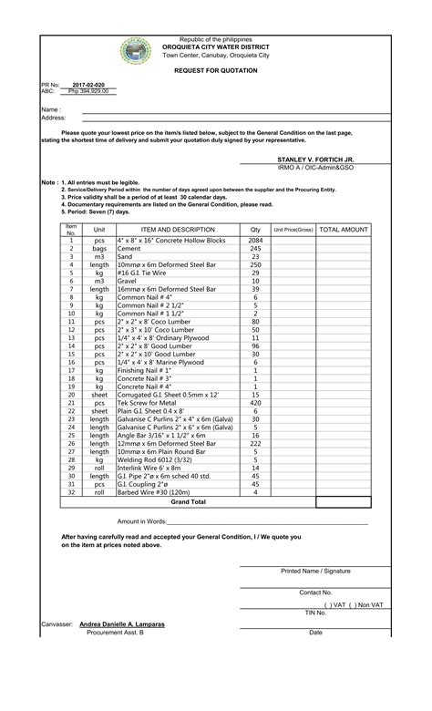 Request For Quotation On The Supply And Delivery Of