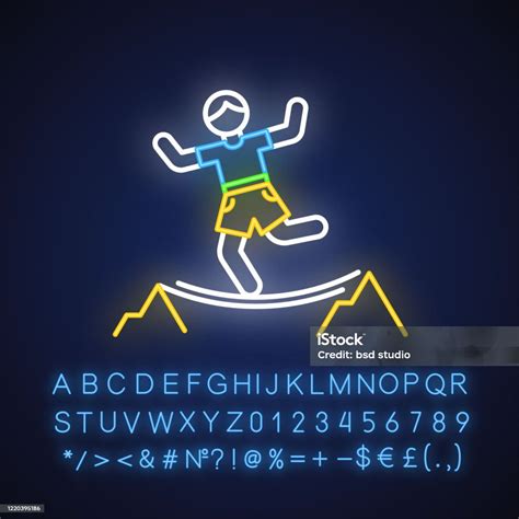 하이라이닝 네온 라이트 아이콘입니다 느슨한 줄타기에 걷고 균형을 산에서 슬랙 라이너 익스트림 스포츠 스턴트 밧줄에 워커 빛나는 알파벳 숫자 벡터 절연 그림 걷기에 대한 스톡