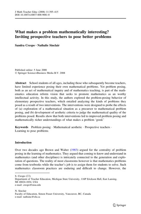 Pdf What Makes A Problem Mathematically Interesting Inviting Prospective Teachers To Pose