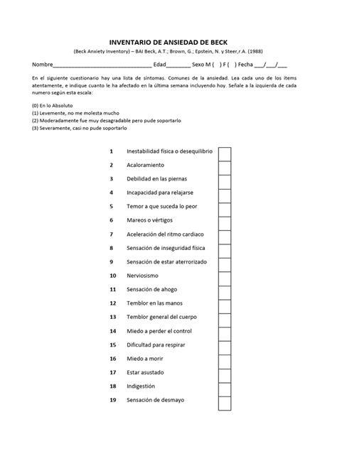 Inventario De Ansiedad De Beck Bai Pdf Ansiedad Sicología