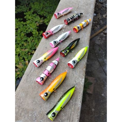 Jual Lure Umpan Casting Mini Poper 10 Gram Hanmade Bahan Kayu Lapis Resin Set Hook Shopee