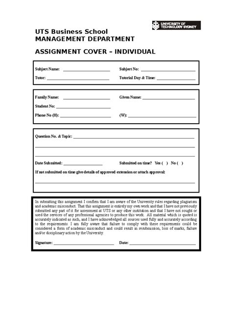 Assignment Cover Sheet Individual Uts Business School Management