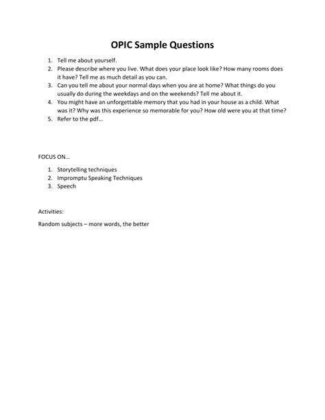 Opic Sample Questions For Oral Proficiency Practice
