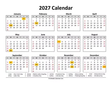 2027 Calendar With Us Holidays Editable In Excel Word Pdf