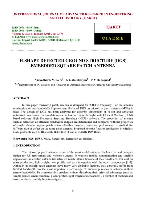 Pdf H Shape Defected Ground Structure Dgs Embedded Square Patch Antenna