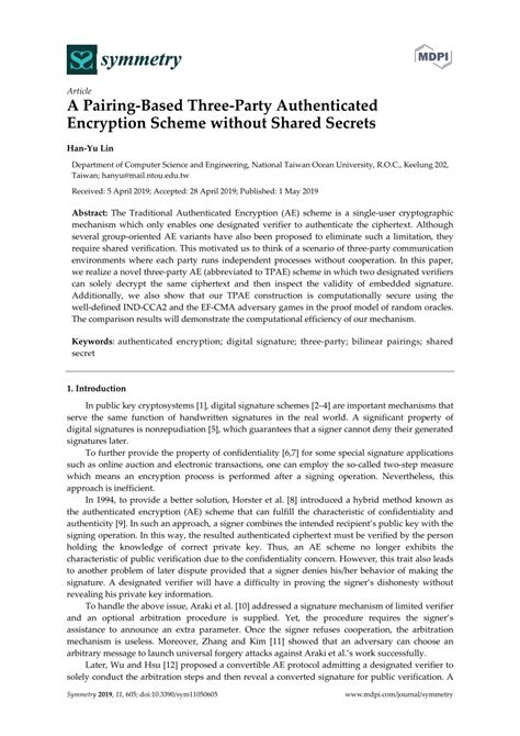 Pdf A Pairing Based Three Party Authenticated Encryption Scheme