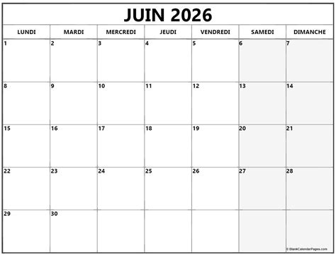 Juin 2026 Calendrier Imprimable Calendrier Gratuit