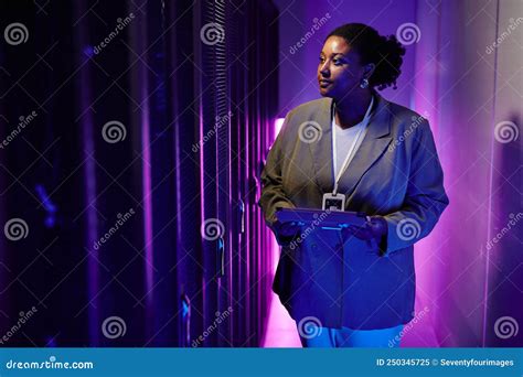 Female System Admin In Neon Light Stock Image Image Of Standing Suit