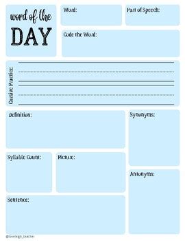 Word Of The Day Vocabulary Worksheet By Schyler Deen Tpt