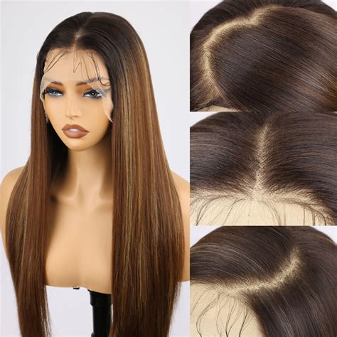 Skuri 13×4 Chocolate Brown Lace Front Wig With Highlights 26 Inch Straight Wigs For