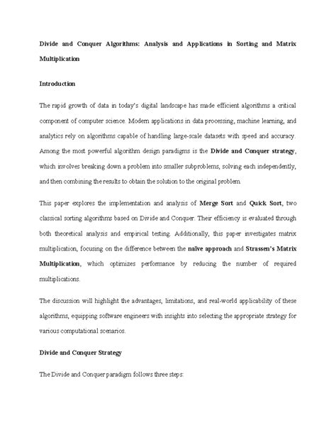 Cs 3304 Assignment Divide And Conquer Algorithms In Sorting And Matrix