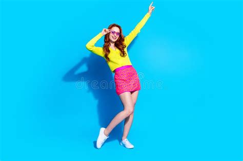 Full Size Photo Of Pretty Young Girl Sunglass Dancing Have Fun Wear