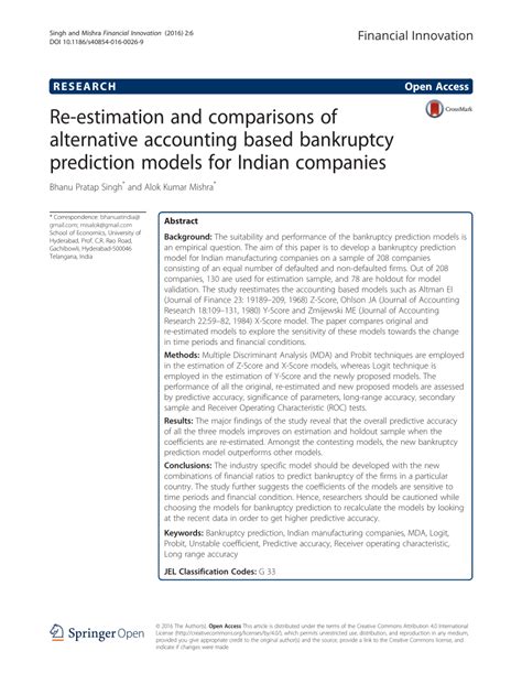 Pdf Re Estimation And Comparisons Of Alternative Accounting Based Bankruptcy Prediction Models